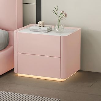 Generic Beistelltisch Mit LED-Licht, Stilvoller Nachttisch Mit 2 Schubladen, Schlafzimmer-Aufbewahrungsschrank Für Zeitgenössische Wohnkultur(Peach,40cm)