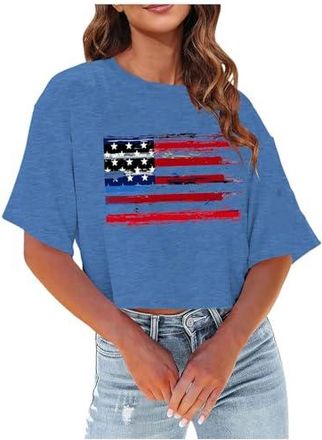 Generic Hauts courts d&eacute;contract&eacute;s pour femmes &agrave; col rond 2025 coupe ample T-shirt court mignon patriotique demi-chemises &agrave; manches courtes pour femme T-shirts