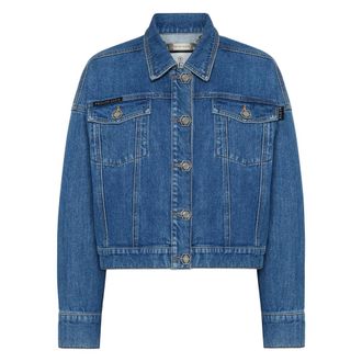 Philipp Plein Femme, Vestes, Bleu, Taille: 42 FR Veste Courte en Jean &agrave; Franges de Cristal