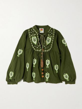 Farm Rio Blouse En Lin M&eacute;lang&eacute; &Agrave; Broderies Et &Agrave; Ornements - Vert
