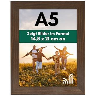 Americanflat Bilderrahmen A5 in Walnuss - DIN A5 bilderrahmen aus Verbundholz mit Splitter Festem Glas - Horizontale und Vertikale Formate für Wand und Tisch - 14,