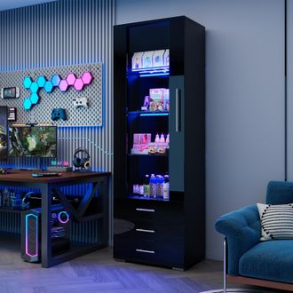 Merax Schwarz Hochglanzvitrine, Glasvitrine mit LED-Beleuchtung, Vitrine Stehend mit 3 Böden und 3 Schubladen, Hochschrank für Wohnzimmer/Schlafzimmer, Schw