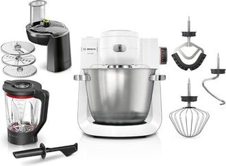 Bosch Robot pâtissier, Série 6, moteur 1600 watts, mouvement planétaire 3D, kit pâtisserie, râpeur, blender ThermoSafe en verre, en acier inoxydable/blanc, 