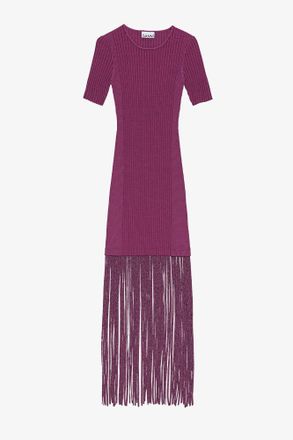 Ganni Robe mini en maille chinée Violette avec franges et manches courtes Fiji Flower
