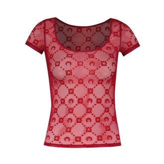Marine Serre Femme, Tops, Rouge, Taille: 40 FR T-shirt ras du cou en r&eacute;sille floqu&eacute;e Moonogram