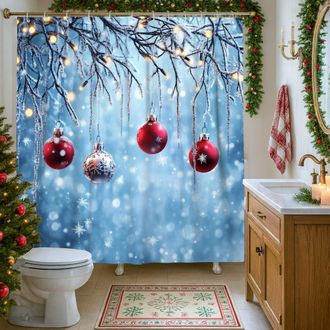Generic Duschvorhang mit Ornamenten, weihnachtliche Zweige, Schneeflocken, Weihnachten, Polyester, wasserdicht, Badewannentuch, Dekoration für Toilette, Badez