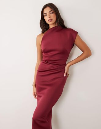 Asos robe longue fourreau &agrave; une &eacute;paule avec d&eacute;tail drap&eacute; &agrave; la taille en tissu effet scuba couleur baie-Rouge
