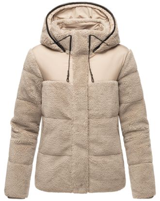 Marikoo Damen Teddy-Fleecejacke warme &Uuml;bergangsjacke gesteppte Pl&uuml;schjacke in angesagtem Materialmix mit Kapuze Kaguraa 16 Light Taupe Gr. XL
