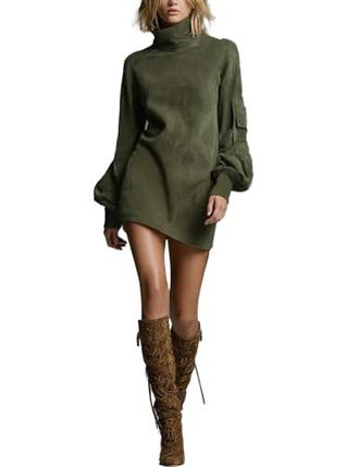 Generic Mini robe vintage en daim synth&eacute;tique pour femme - Pull d&eacute;contract&eacute; &agrave; col roul&eacute; et manches lanterne avec poches, robe en daim marron, vert militaire, 