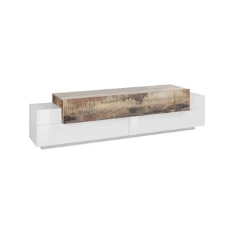 Dmora Mobile Porta Tv Arold, Credenza Bassa Da Soggiorno, Base Porta Televisione, 100% Made In Italy, Cm 200x45h52, Bianco Lucido E Acero
