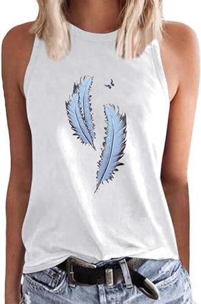 Generic Débardeur sexy sans manches pour femme - Mode confortable - Décontracté - Imprimé plumes - Col rond - Haut de sport pour femme, blanc, S