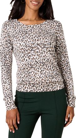 Amazon Essentials Damen Leichter, Langärmeliger Pullover Mit Rundhalsausschnitt (Erhältlich in Übergröße), Weiß Gepardenaufdruck, XXL
