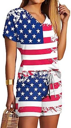 TOMWELL Femmes Survêtement Casual Ensemble 2Pcs Suit Ample Manches Courtes Col Rond Été Décontracté T-Shirt Imprimé + Legging Courts Short Jogging Sportswear 