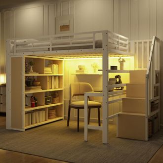 Elbe Lit Mezzanine 140x200 cm avec Bureau et LED - Structure Fer, Escalier Rangement et Compartiments - Blanc (Sans Matelas)