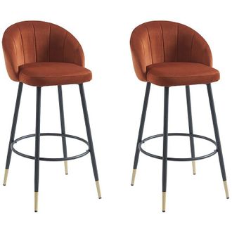 Vente-Unique Vente-Unique - Lot de 2 tabourets de bar en velours terracotta - Pi&egrave;tement m&eacute;tal - Hauteur 96 cm - Assise confortable 74 cm - Repose-pieds inclus