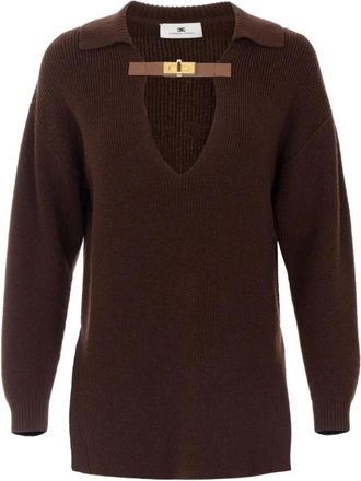 Elisabetta Franchi Femme, Pulls, Brun, Taille: 40 FR Pull en laine m&eacute;lang&eacute;e coupe droite