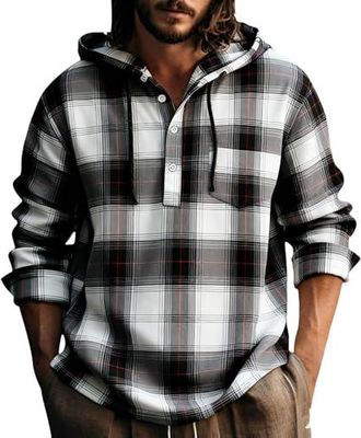 Generic Sweat &agrave; capuche &agrave; carreaux tendance pour homme - T-shirt d&eacute;contract&eacute; &agrave; manches longues avec poche poitrine - Chemise boutonn&eacute;e avec cordon de serrage 