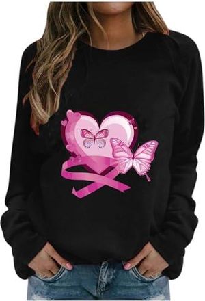 Generic 2025 T-Shirt pour Femmes sur Le Cancer du Sein Octobre Rose à Manches Longues Ruban Rose De Sensibilisation Au Cancer du Sein DOctobre Sport Oversize 