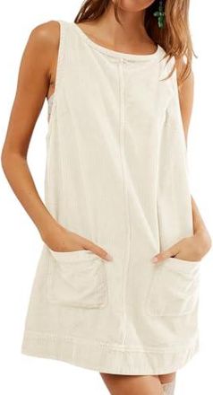 Onsoyours Robe Femme Oversize Tunique Velours C&ocirc;tel&eacute; sans Manches T-Shirt Robe L&acirc;che &Eacute;l&eacute;gante Coton Longue Tops Mini Robe en Velours C&ocirc;tel&eacute; avec Poches A Beige 