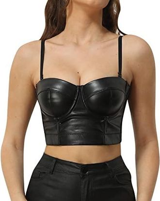 Generic Corset sous la poitrine pour femme - En cuir - Sexy - Épaules dénudées - Court - Ventre nu - Camisole spaghetti - Débardeur dété - Haut serré sous la 