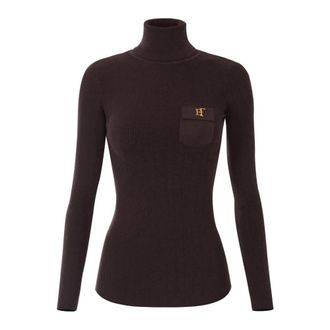 Elisabetta Franchi Haut &agrave; col roul&eacute; en maille avec broderies ajour&eacute;es - Femme - Pulls - Brun - Taille: 38 FR