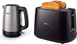 Philips HD9350 / 90 bouilloire (2200 watts, 1,7 litres, en acier inoxydable) & HD2581/90 Grille-pain Daily Collection, 8 réglages, Access, réchauffe-viennoise