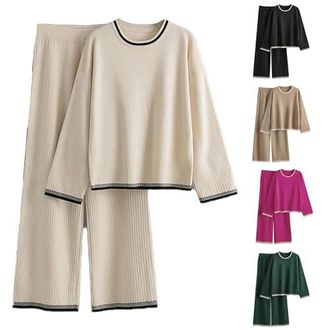 Generic Pyjama pour femme - Long - Manches longues - Pull en tricot côtelé - Haut et pantalon - Ensemble pyjama élégant - Vêtement de nuit - Jambes larges - C