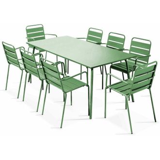 Oviala Ensemble table de jardin et 8 fauteuils en m&eacute;tal vert cactus - Palavas