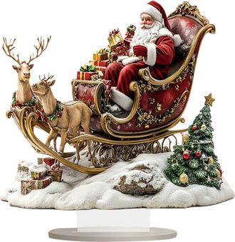 Generic Weihnachtsmann Acrylfigur mit Rentierschlitten - Standfu&szlig; Enthalten, Kreative Tischdekoration, Festliches Wohnaccessoire, Leuchtendes Acryl Ornament, 