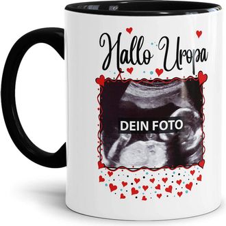 Tassendruck Tasse - Hallo Baby - mit EIGENEM Ultraschallbild zum SELBSTGESTALTEN f&uuml;r Uropa - Schwanger - Geschenkidee Familie - Erinnerung - Innen & Henkel Schwar