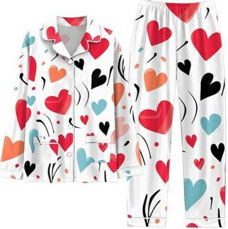 Generic Pyjama assorti pour femme pour la Saint-Valentin 2026 - Pyjama long classique boutonné en satin avec poches, rose, M