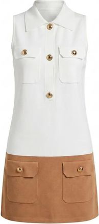 Elisabetta Franchi Femme, Robes, Blanc, Taille: 38 FR Boxy Knit Dress with Bicolor Band and Gold Buttons
