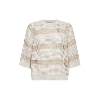 Brunello Cucinelli Femme, Pulls, Beige, Taille: 40 FR Pull Ray&eacute; Orn&eacute; de Sequins