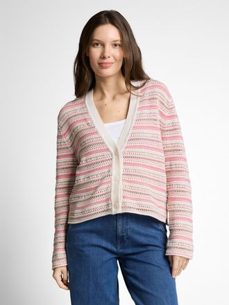 Tom Tailor Cardigan TOM TAILOR, Damen, Gr. M, pink beige stripe, Strick, Obermaterial: 100% Baumwolle, gestreift, regular fit normal, V-Ausschnitt, Rollkante, St