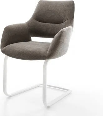 DELIFE Freischwinger Yago-Flex mit Armlehnen Strukturstoff Soft Taupe Freischwinger flach Wei&szlig; Taschenfederkern, Esszimmerst&uuml;hle