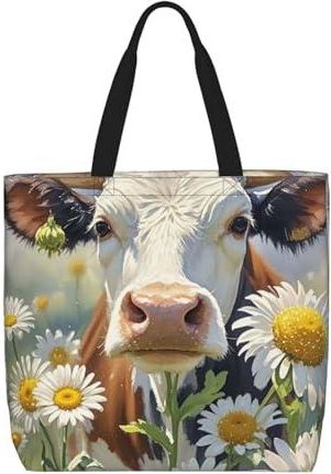 Generic Vache &Agrave; LAquarelle Et Marguerite Sac A Main Femme D&eacute;contract&eacute; Tote Bag Grand Sac Courses Pour Gym Quotidienne Voyage