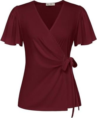 Grace Karin Femme Blouse Ajust&eacute;e Large Encolure V Chemisier Casual Col en V &agrave; Manches Courtes en Mousseline XL Bordeaux