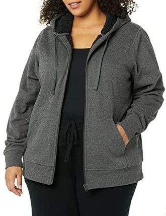 Amazon Essentials Veste à capuche zippée en polaire, doublée de sherpa (disponible en grandes tailles) Femme, Charbon Chiné, S
