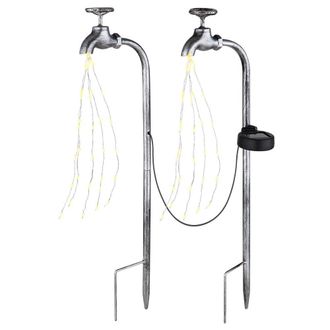 Globo Lighting Solar Wasserhahn Deko Garten Wasserhahn mit Licht Au&szlig;en Solar Gartenstecker f&uuml;r Au&szlig;en, Metall silber, 60x LED warmwei&szlig;, LxBxH 13x4,5x53 cm