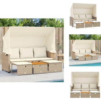vidaXL Outdoor-Sofa 3-Sitzer mit Dach und Hockern Beige Poly Rattan - Gartensofa - Outdoor-Sofa - Lounge Set - Rattan M&ouml;bel - Gartenm&ouml;bel