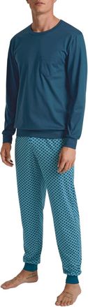 CALIDA Relax Imprint Bündchen-Pyjama Herren, aus 100% Baumwolle, Hose mit stoffbezogenem Gummibund
