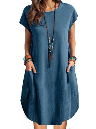 Zanzea Leinenkleid Damen Sommer Casual Rundhals Kurzarm Strandkleid Knielang Leicht Minikleid Blaues 3XL