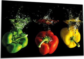 Wallario Herdabdeckplatte/Spritzschutz aus Glas, 1-teilig, 80x52cm, für Ceran- und Induktionsherde, Bunte Küche Paprika in rot gelb orange und grün im Wasser