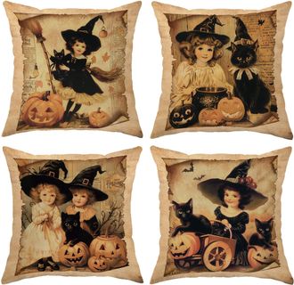 Generic Dekorative Halloween-Kissenbez&uuml;ge, 4er-Set, Vintage-Hexen- und Katzendruck-Kissenbez&uuml;ge, Herbstlandhaus-Stil, Dekoration f&uuml;r Sofa, Couch, Bett, 50,8 x