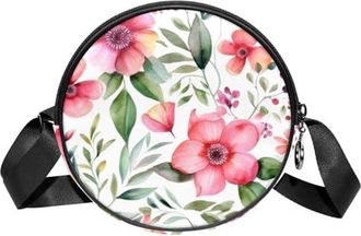 Generic Petit sac &agrave; bandouli&egrave;re circulaire pour femme, motif feuilles florales, sac &agrave; dos avec fermeture &eacute;clair, bretelles r&eacute;glables, sac &agrave; main rond d&eacute;contra
