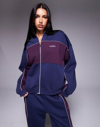 KAIIA Sweat densemble oversize zipp&eacute; riche en coton avec rayures contrast&eacute;es - Bleu marine et bordeaux-Multicolore