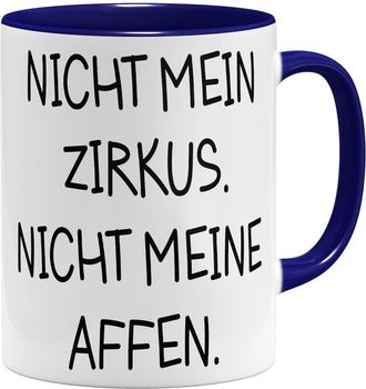 OM3 lustige Kaffee-Tasse mit Spruch - Nicht mein Zirkus nicht meine Affen - Statement Bürotasse II | Keramik Becher | 325ml | Beidseitig Bedruckt | Dunkel
