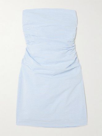 Bernadette Vera Tr&auml;gerloses Minikleid Aus Gestreiftem Baumwoll-seersucker Mit Raffungen - Blau