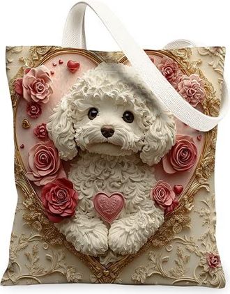 Generic Sac fourre-tout en toile motif bichon fris&eacute; pour le shopping 33 x 38 cm, sac d&eacute;picerie r&eacute;utilisable pour femme, animal de compagnie, peinture, d&eacute;corat