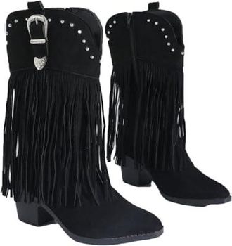 Generic Bottes de cowboy pour femme - Automne et hiver - Plat - Talon &eacute;pais - Frange - Longueur moyenne - D&eacute;contract&eacute;e - &Eacute;l&eacute;gante - Grande taille - Chaudes &agrave; 